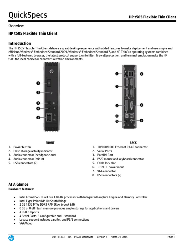HP t505 Thin Client Specs | PDF