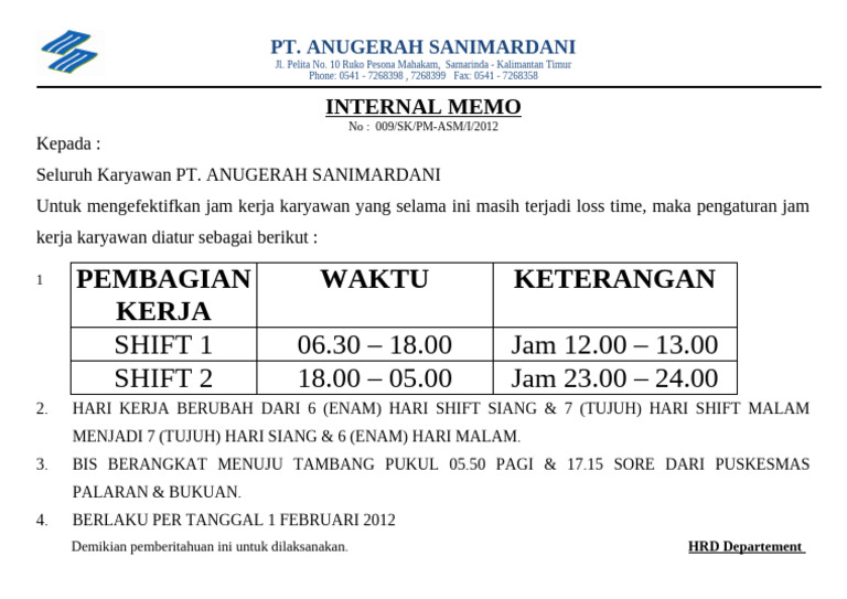 Internal Memo perubahan jam kerja | PDF