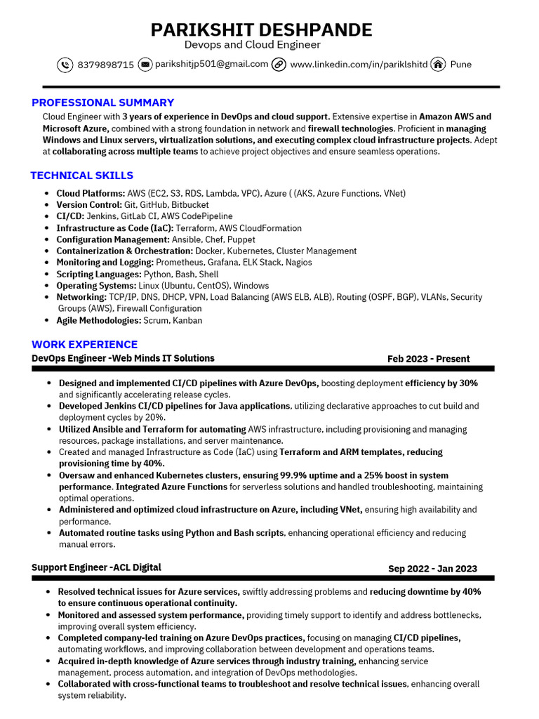 Parikshit Deshpande Azure Devops 3 Yrs Exp Resume | PDF