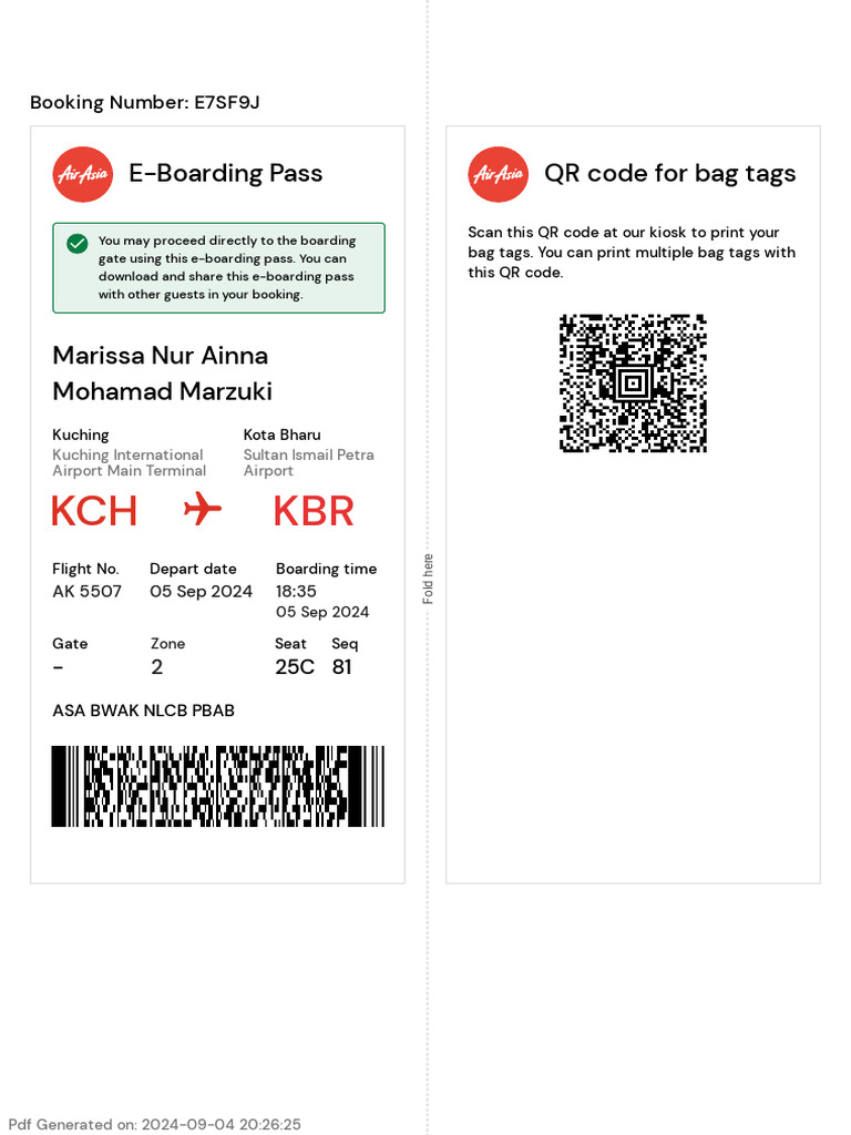 E-Boarding Pass QR Code For Bag Tags: Booking Number: E7SF9J | PDF