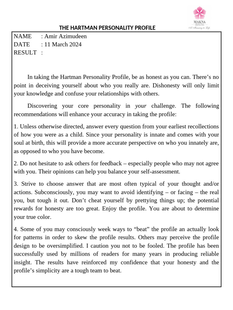 The Hartman Personality Profile | PDF