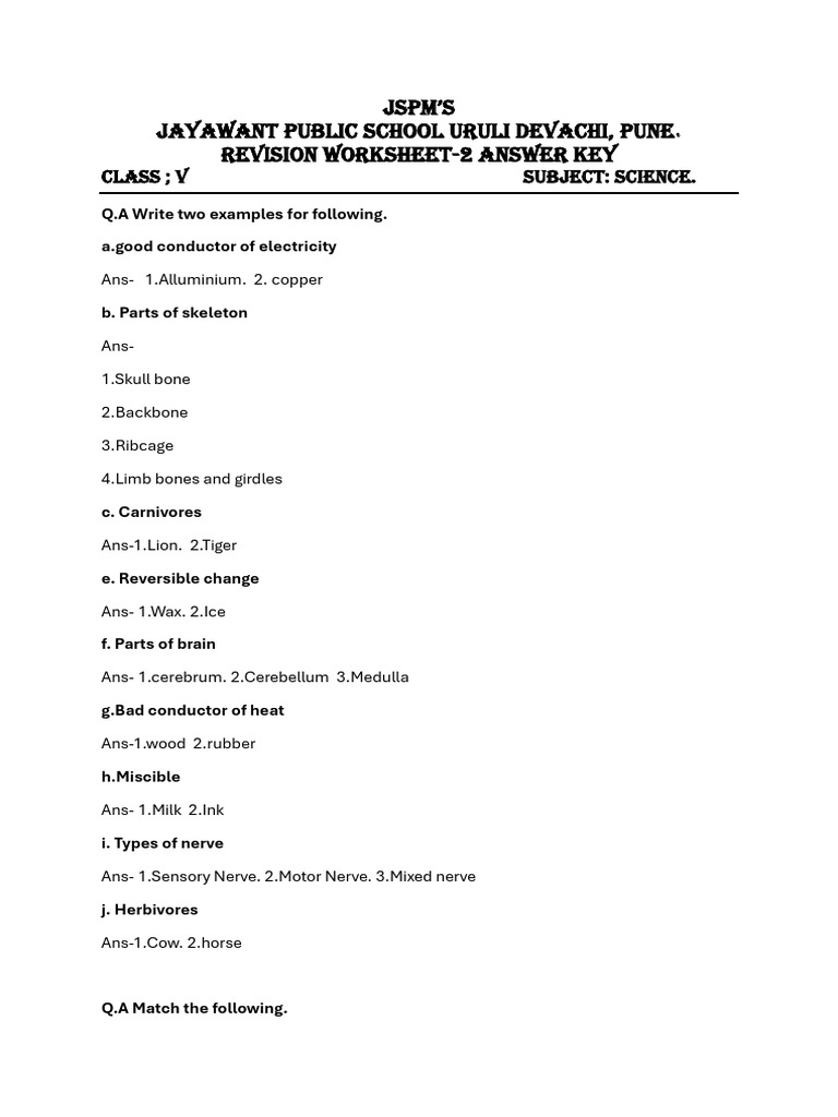 Revision Worksheet-2 Answer Key | PDF