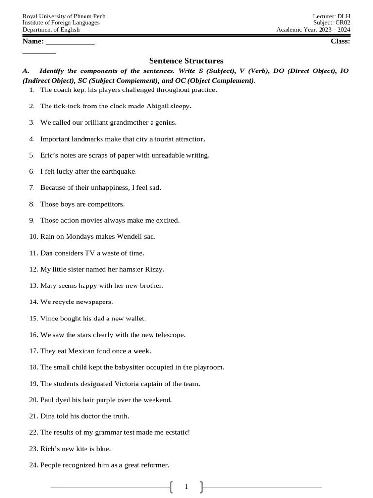 Sentence Structure (Homework) | PDF