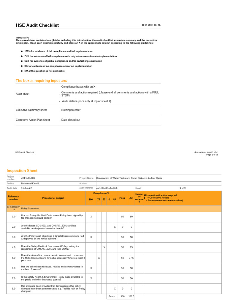 HSE Audit Checklist - Blank | PDF