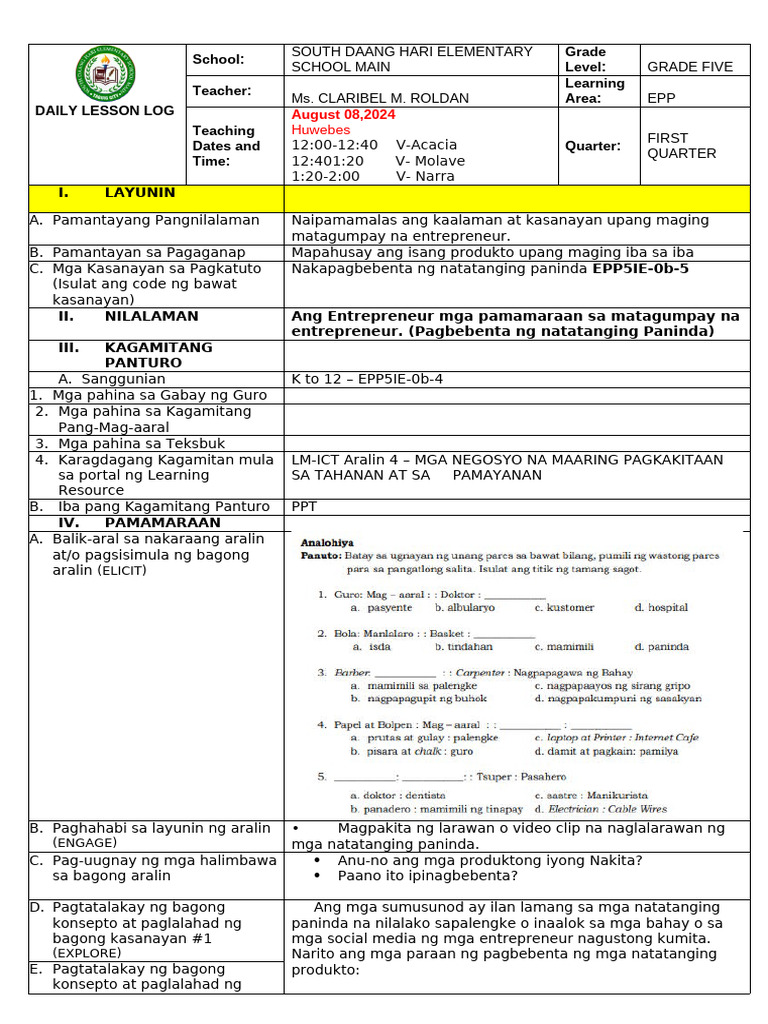 Epp Q1 Week2 D4 | PDF