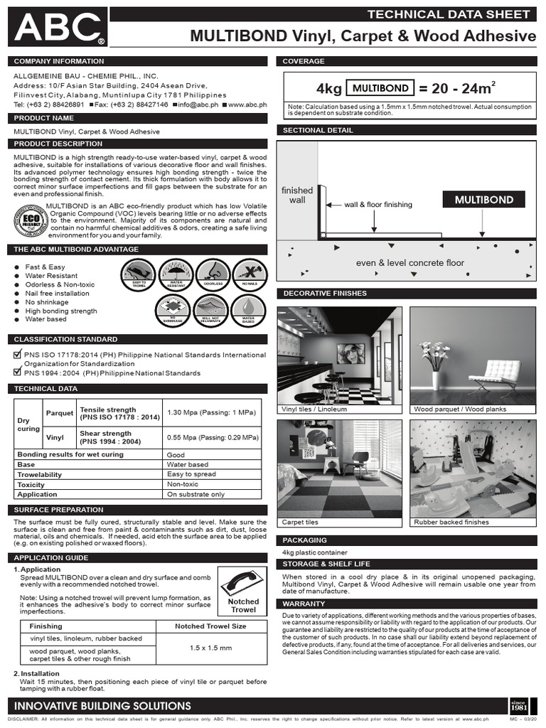 Multibond Vinyl Carpet Wood Adhesive Technical Data Sheet 2020 | PDF