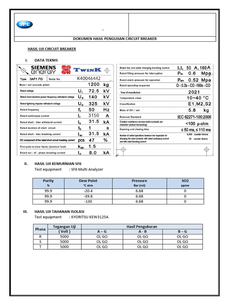 Hasil Uji CB Twink Bay Trafo 1 Gi Sekarputih. | PDF