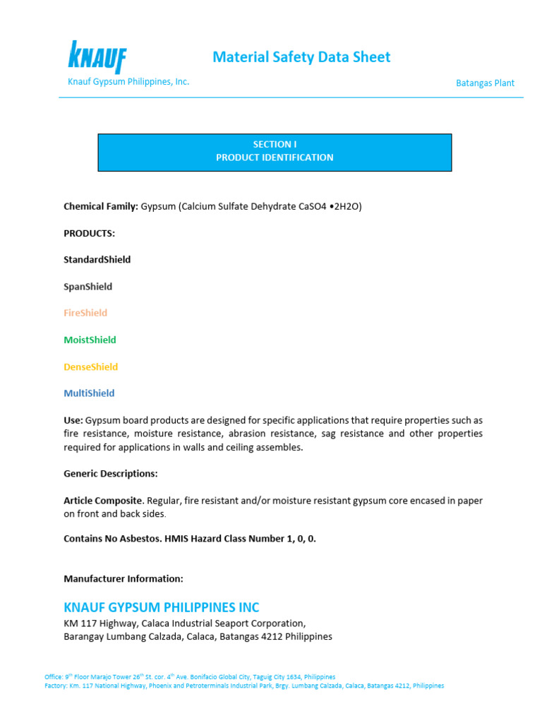 Knauf Gypsum Boards Material Safety Data Sheet | PDF