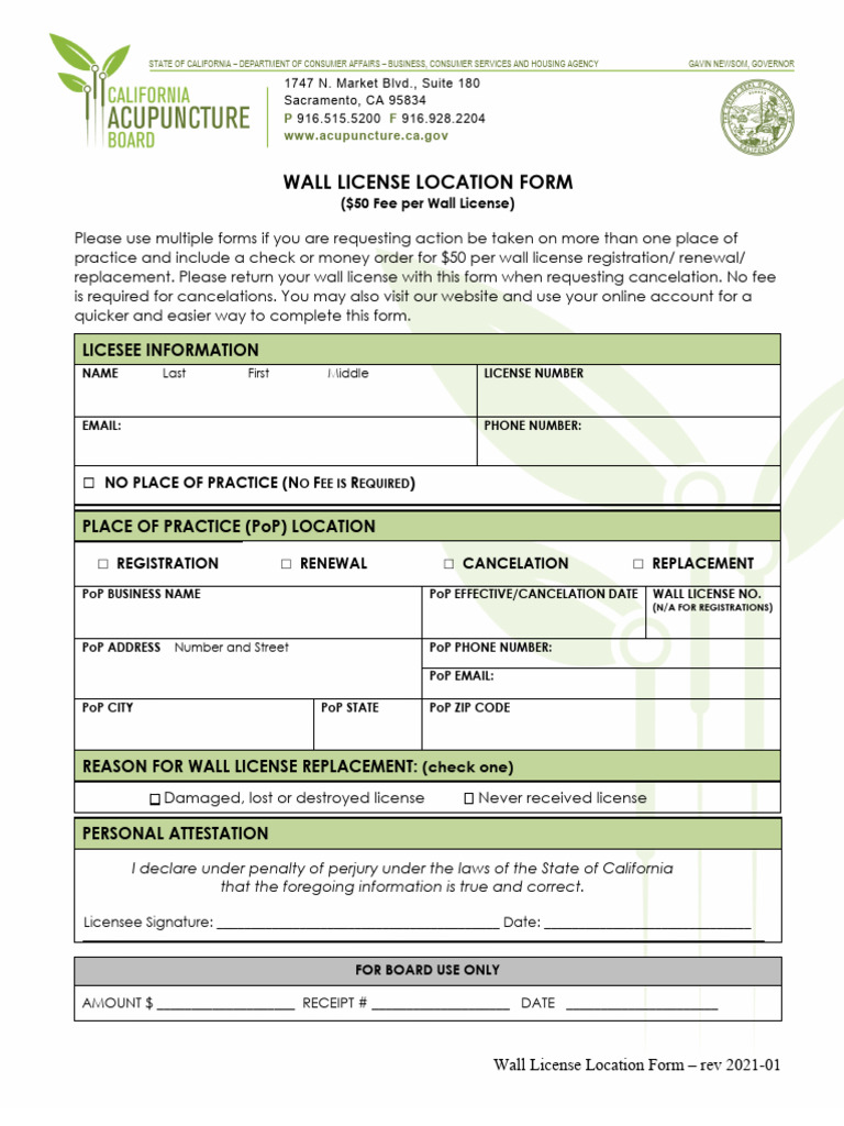 CA - Acupuncture Wall License Application | PDF | License
