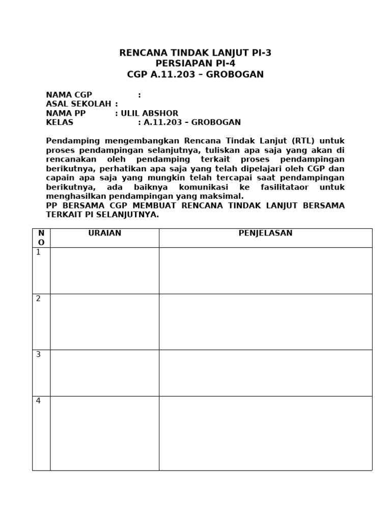Rencana Tindak Lanjut Pi-Cgp | PDF