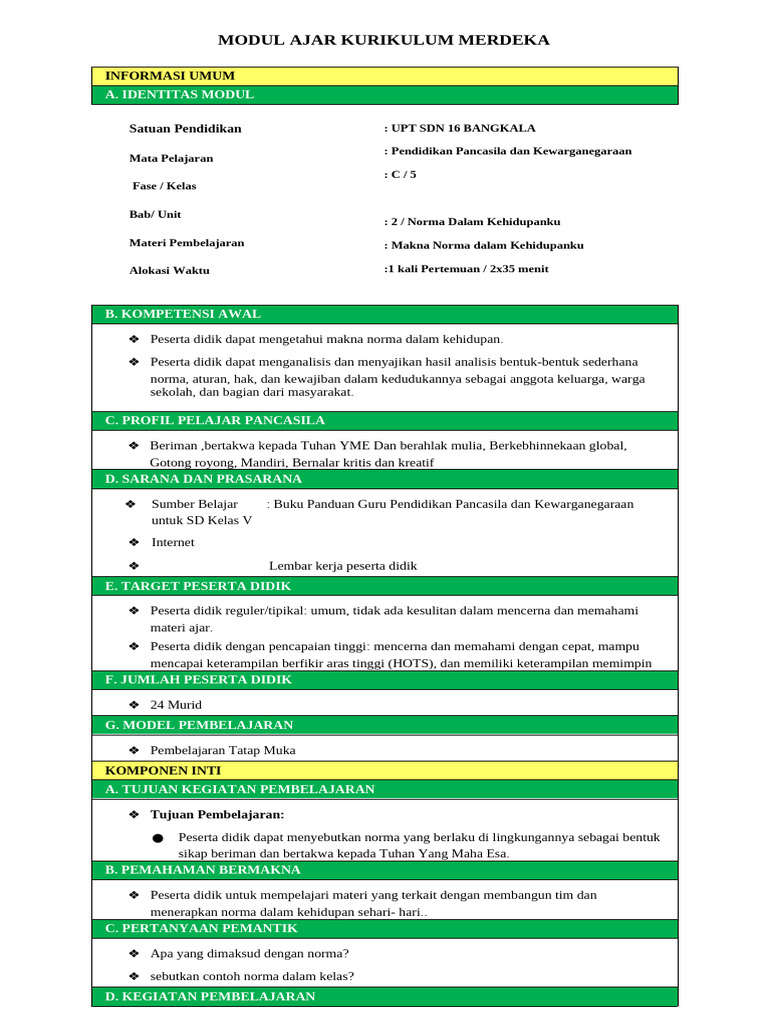 Modul Ajar PKN Berdiferensiasi Fase C Kelas 5 | PDF