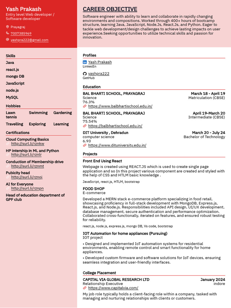 CV - Yash Prakash | PDF