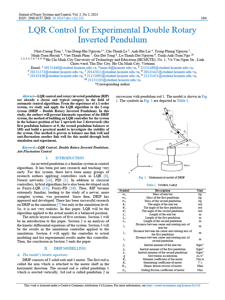 LQR Control For Experimental Double Rotary Inverted Pendulum | PDF