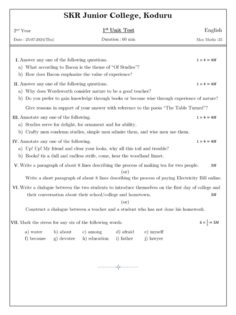 English AP Intermediate 2nd Unit Test Question Paper-2nd Year | PDF