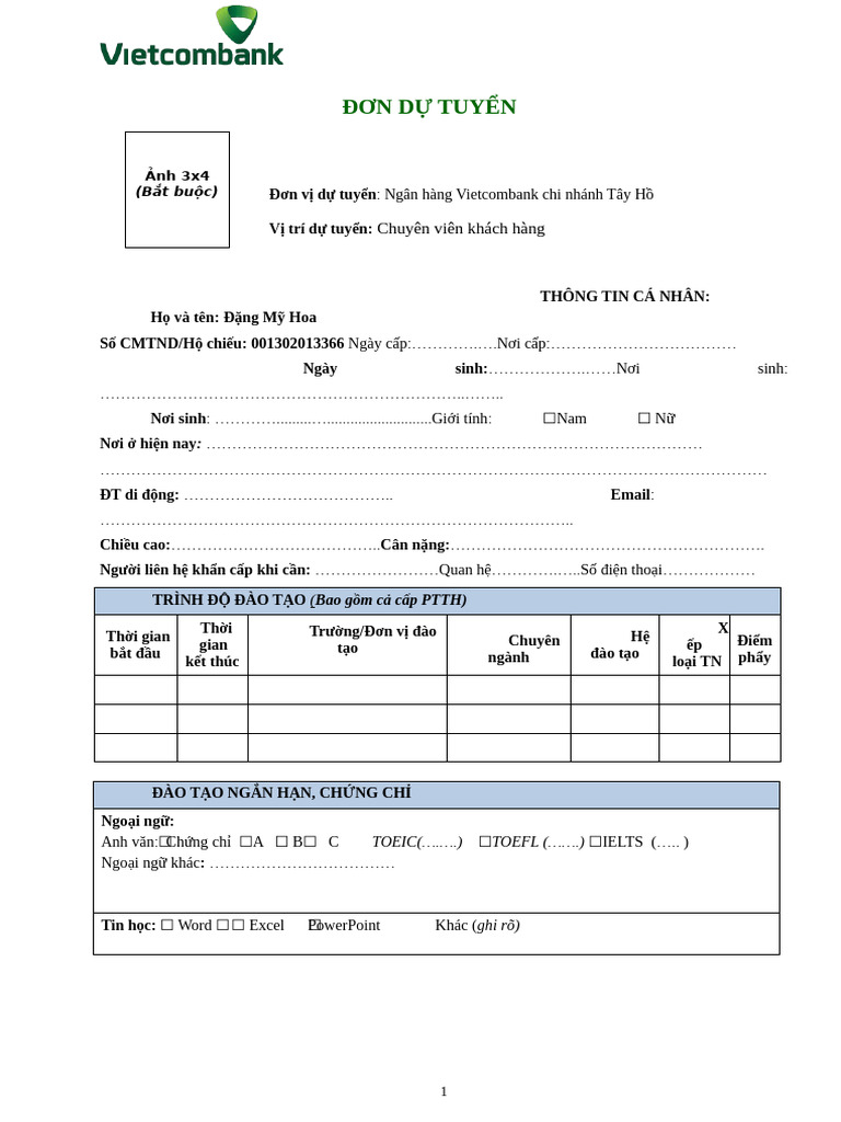 PhieuDuTuyen - VCB | PDF