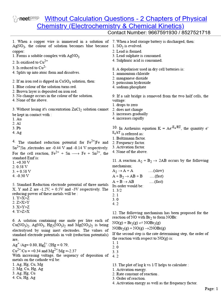Without Calculation Questions - Electrochemistry & Chemical Kinetics | PDF