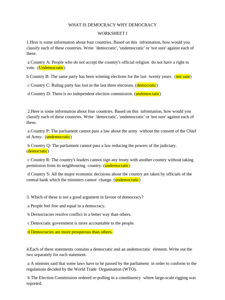 What Is Democracy Why Democracy Worksheet I | PDF