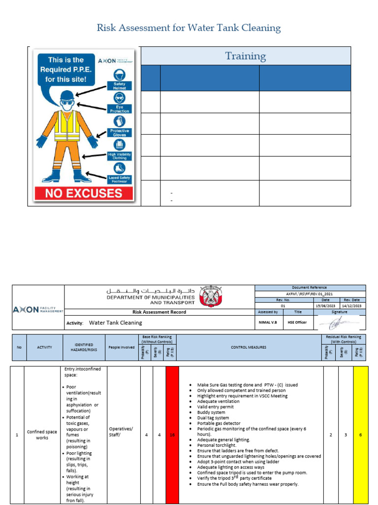 Risk Assessment For Water Tank Cleaning | PDF