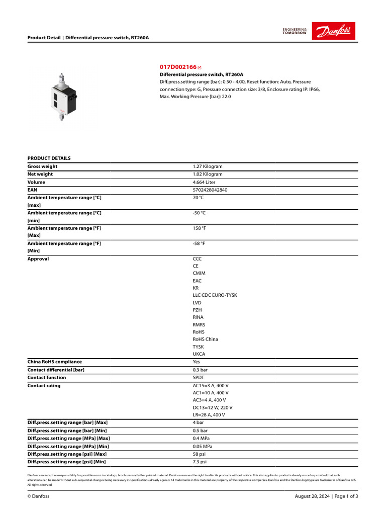 Danfoss Differential Pressure Switch RT260A 017D002166 | PDF