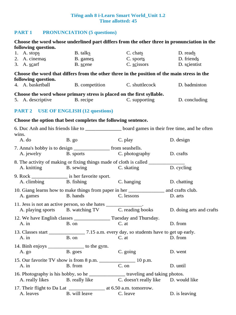 Tiếng anh 8 Unit 1.2 | PDF