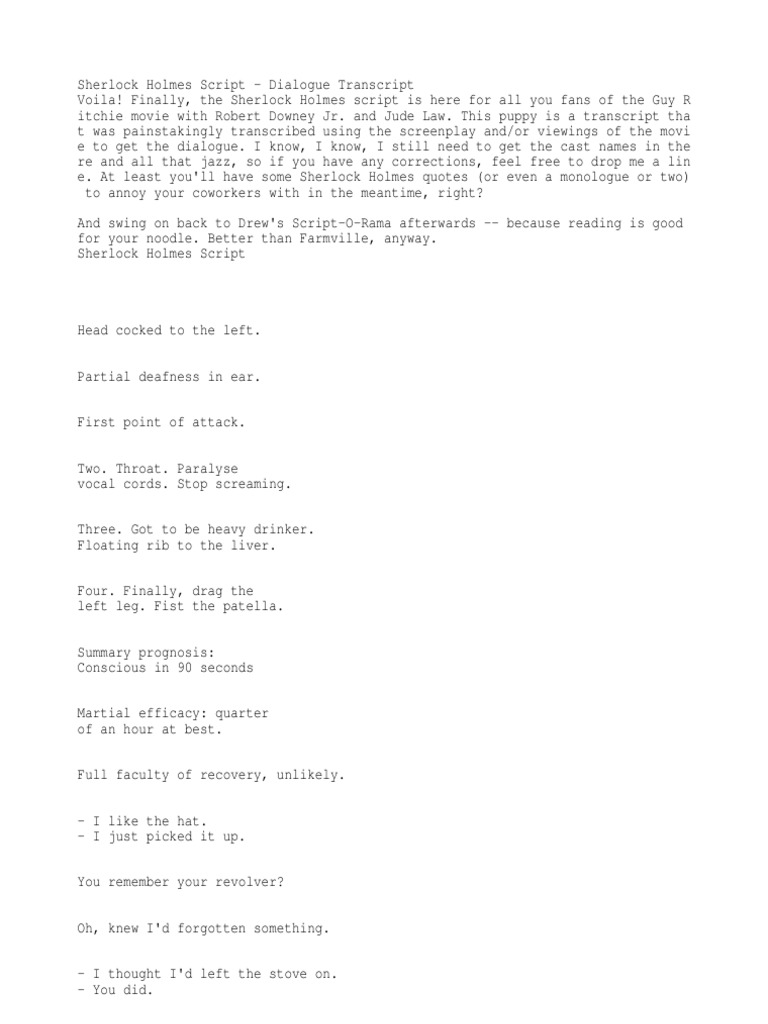 Sherlock Holmes Script - Dialogue Transcript | PDF | Sherlock Holmes ...