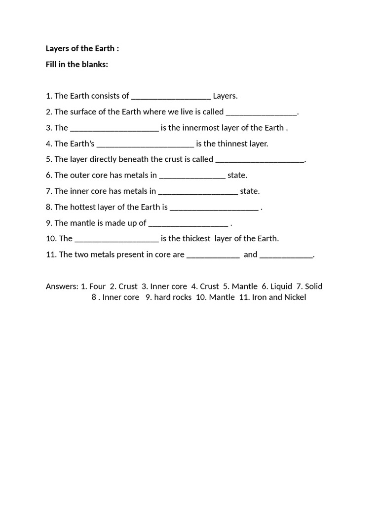 Layers of The Earth - Fill in The Blanks | PDF