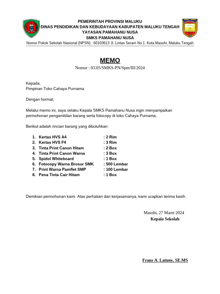 MEMO Pengambilan Barang | PDF