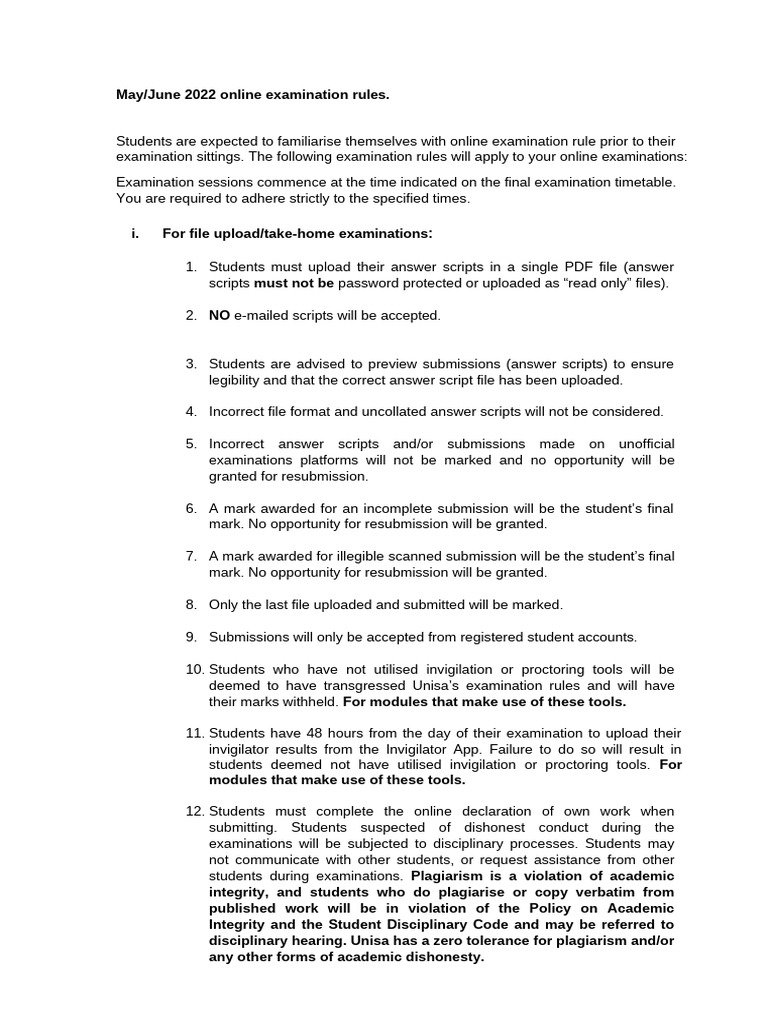 Unisa Exam Rules Updated | PDF