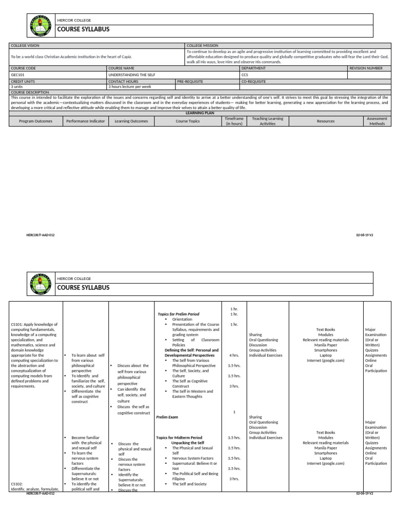 Syllabus GEC101 (Understanding The Self) | PDF | Self | Cognition