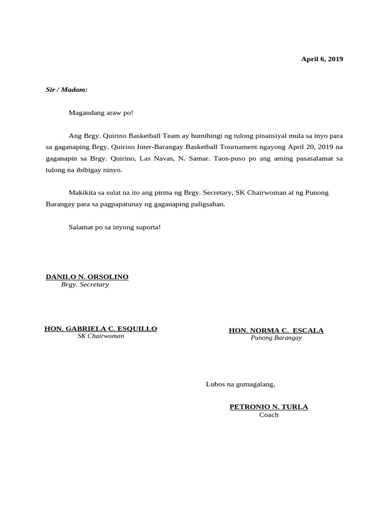 Solicitation (Filipino) FOR BASKETBALL TOURNAMENT | PDF