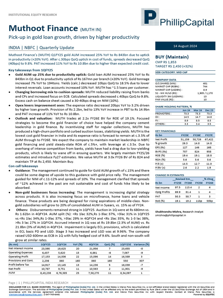 Phillip Capital Sees 32% UPSIDE in Muthoot Finance Pick Up in Gold | PDF
