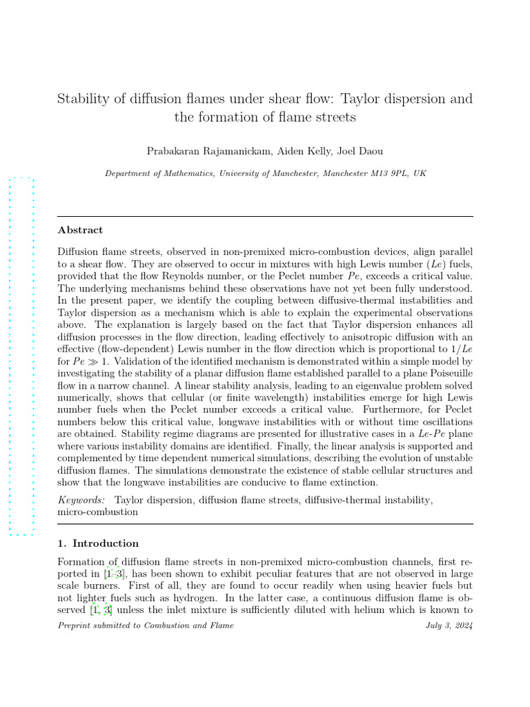 Stability of Diffusion Flames Under Shear Flow: Taylor Dispersion and ...