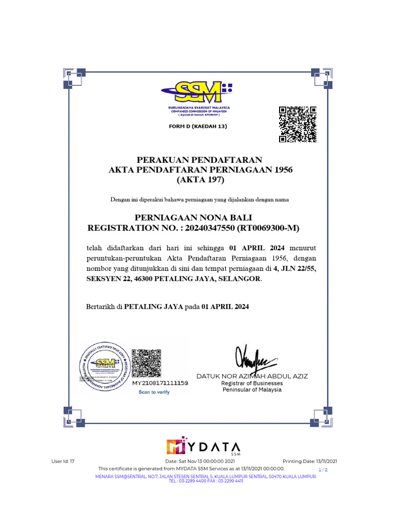 Sijil SSM Perniagaan Nona Bali (KK Akauns) | PDF
