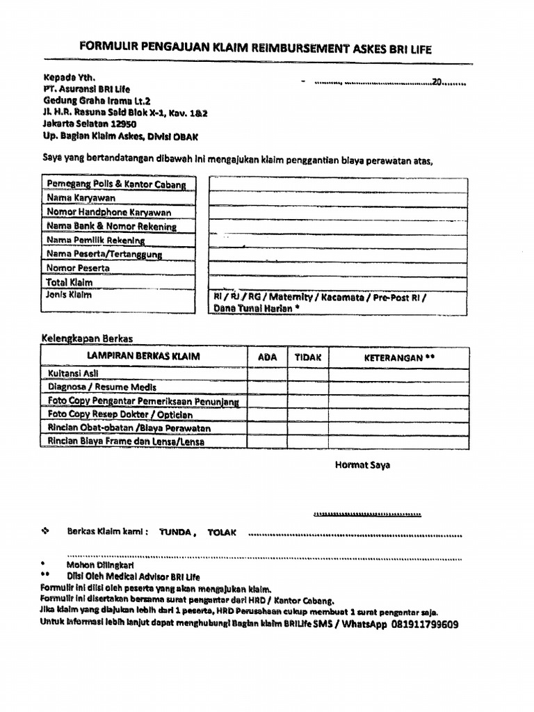 Form Reimburse BRI LIFE | PDF