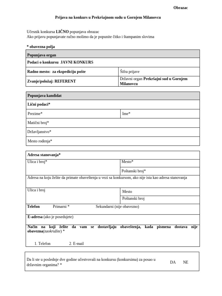 Obrazac Prijave Na Javni Konkurs Ekspedicija Poste Lat | PDF