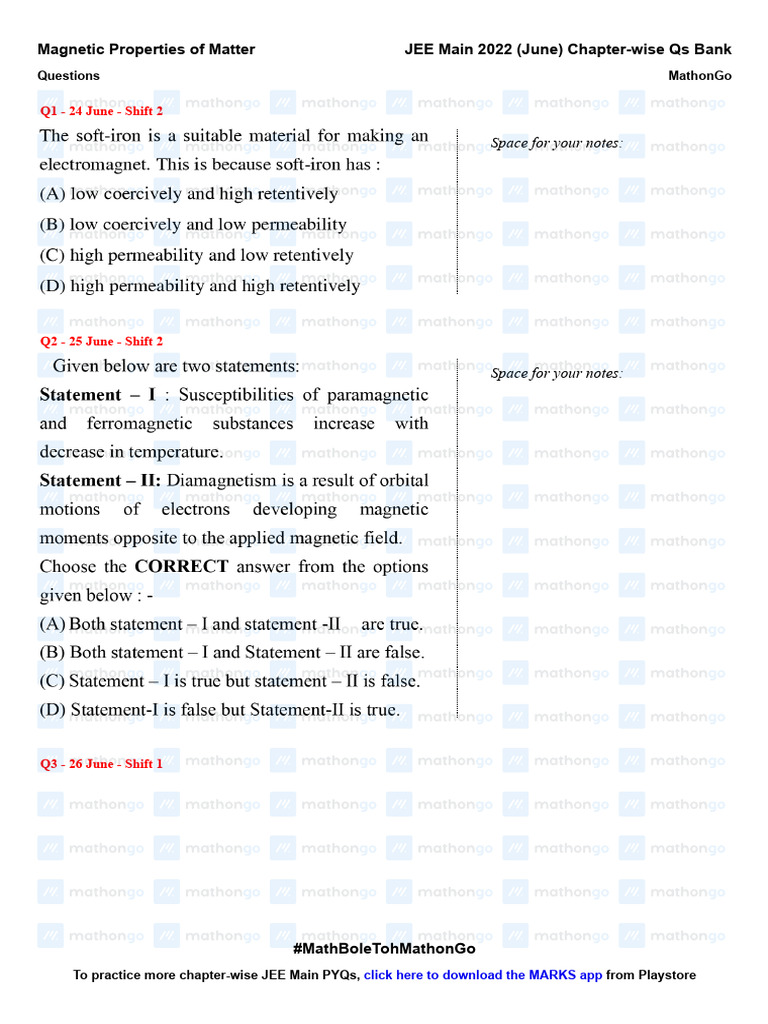 Magnetic Properties of Matter - JEE Main 2022 Chapter Wise Questions by MathonGo | PDF