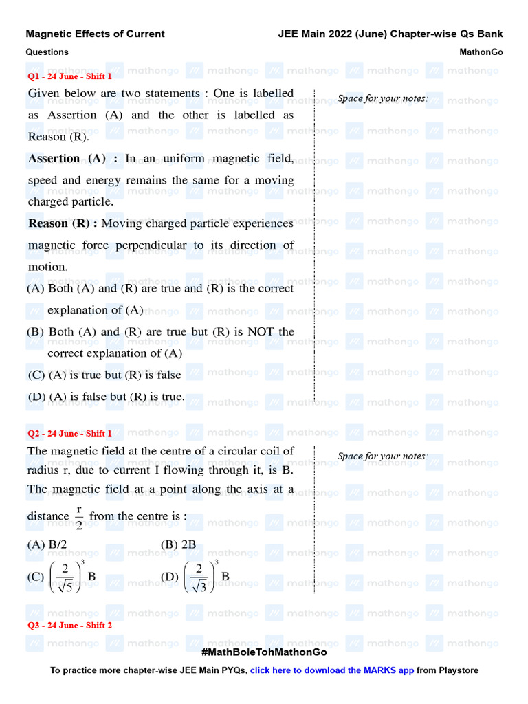 Magnetic Effects of Current - JEE Main 2022 Chapter Wise Questions by MathonGo | PDF