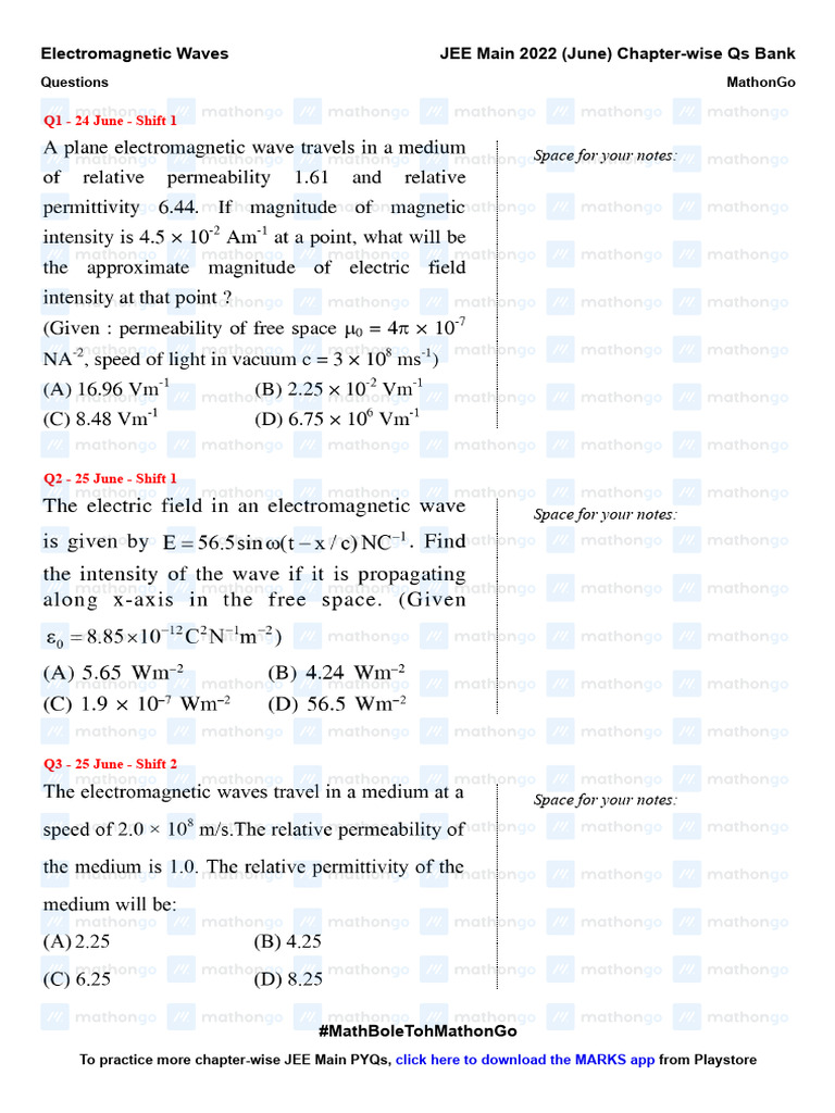Electromagnetic Waves - JEE Main 2022 Chapter Wise Questions by MathonGo | PDF