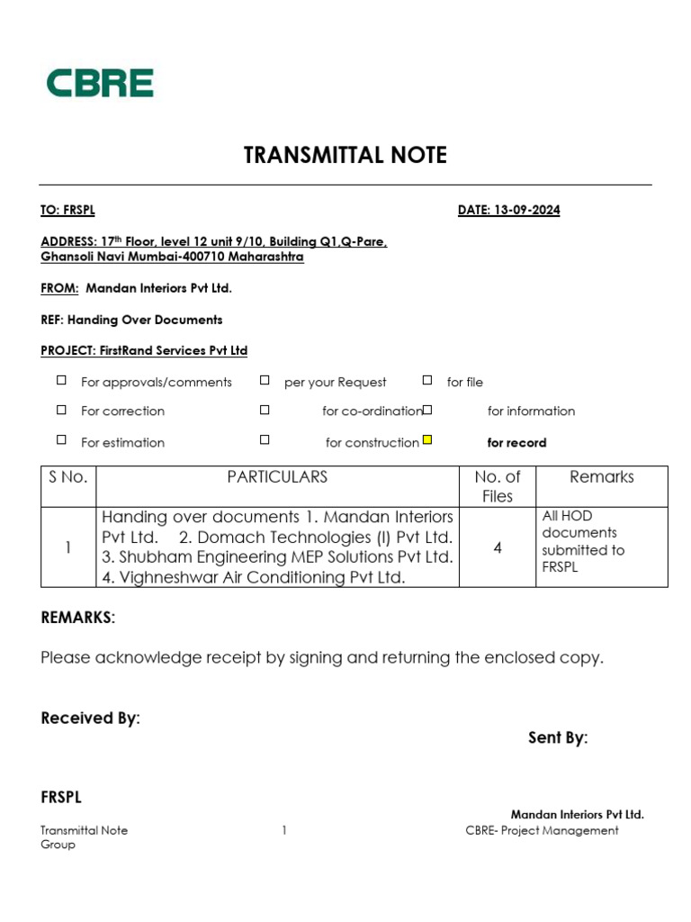 Transmittal Note: Remarks | PDF