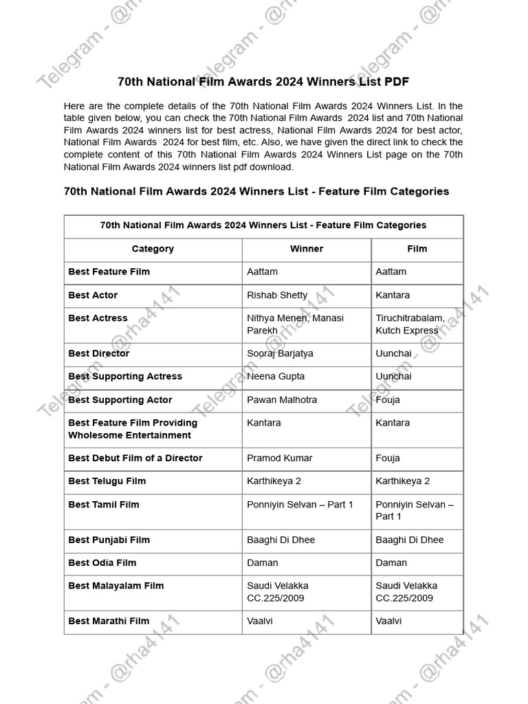 70th National Film Awards 2024 Winners List PDF TG @rha4141 | PDF