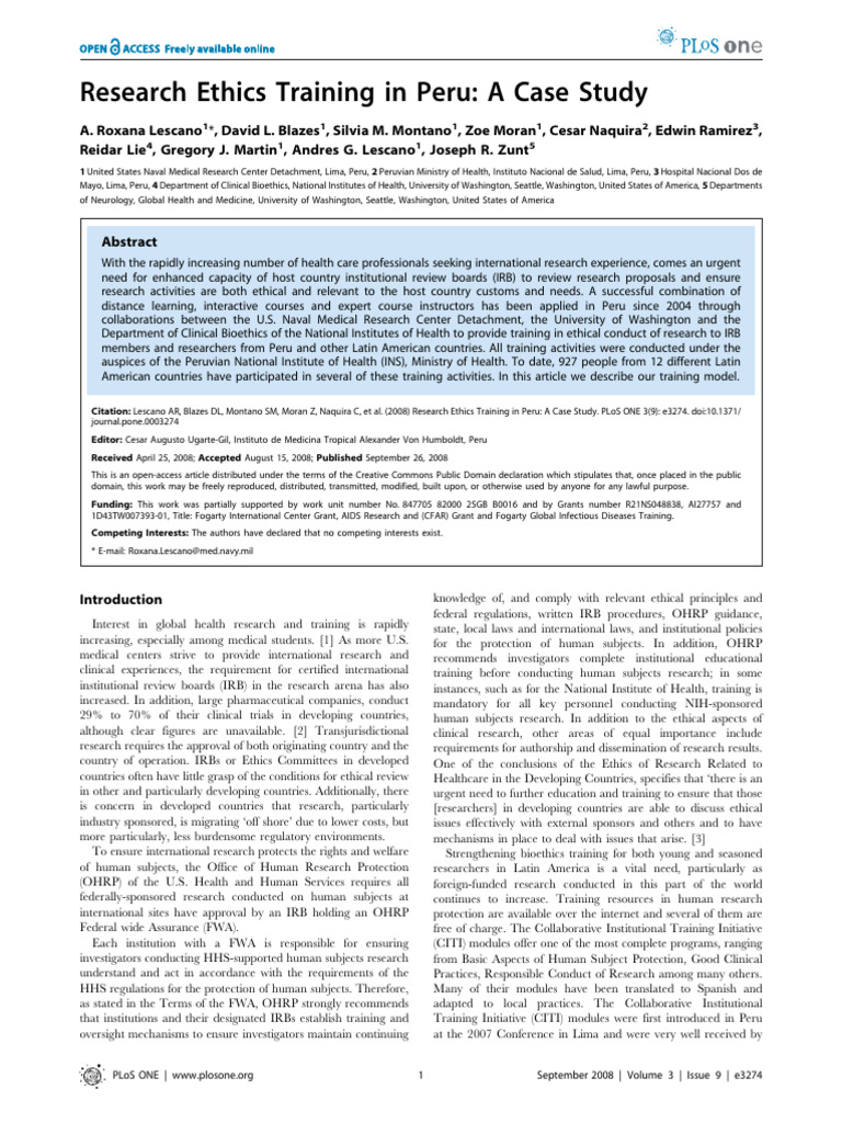 Research Ethics Training in Peru A Case | PDF | Institutional Review ...
