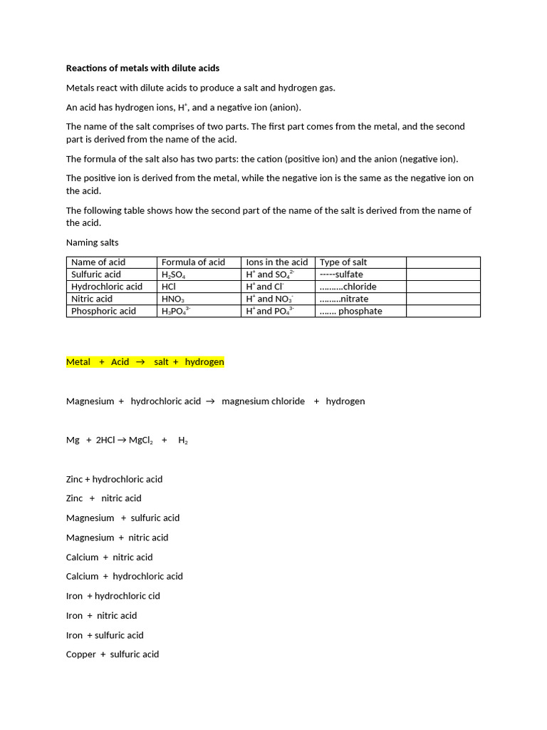 Reactions of Metals With Dilute Acids Form 2 | PDF