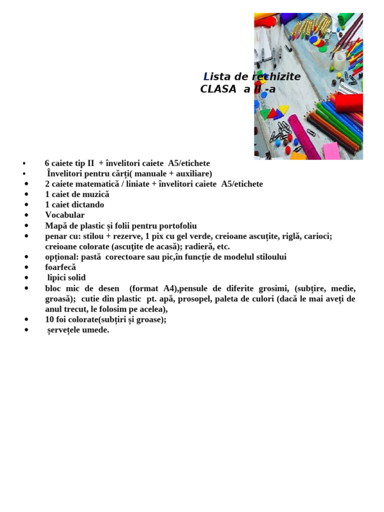 Listă Rechizite Clasa A II A | PDF