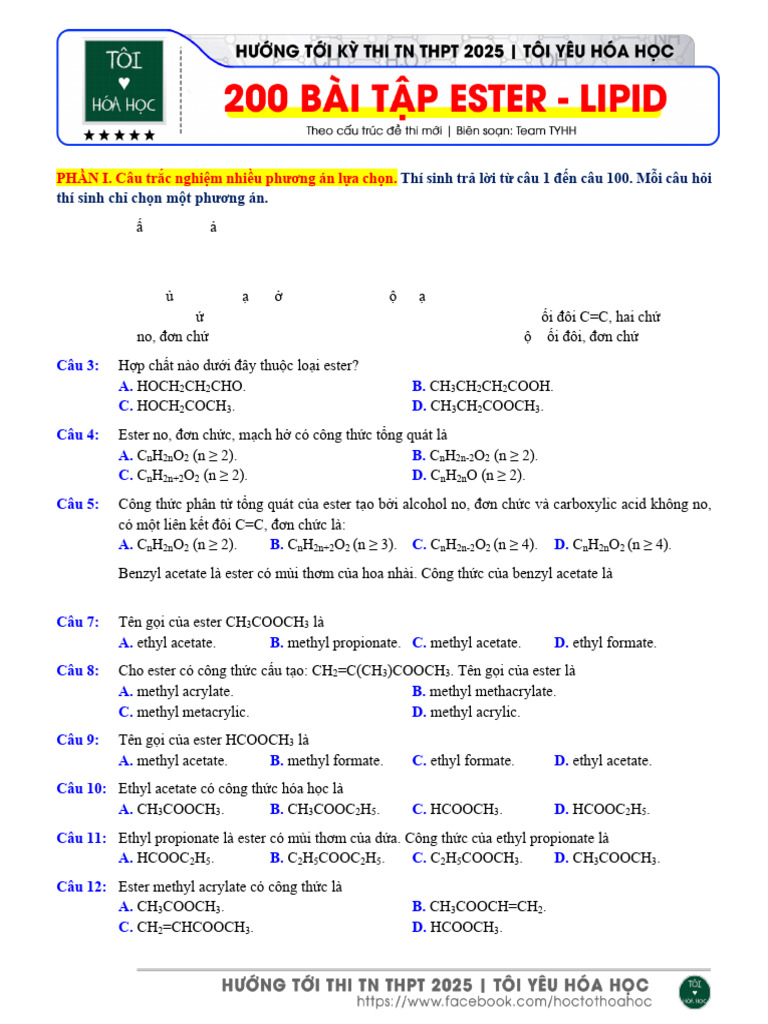200 Câu Hỏi Ester - Lipid Dành Tặng 2k7 | PDF