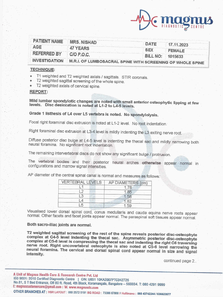 Mri Reports Nishath, 47 Years | PDF