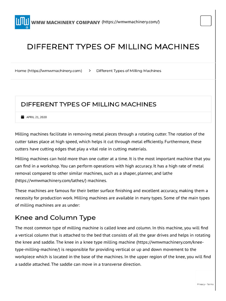 Different Types of Milling Machines - WMW Machinery Company | PDF