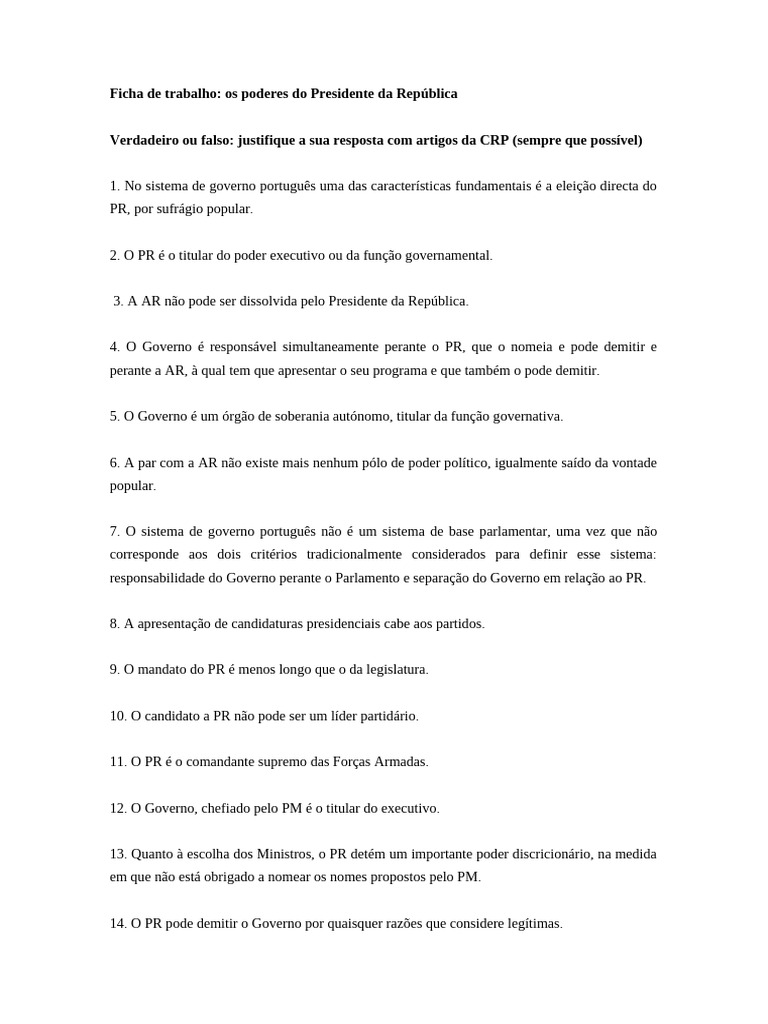 Ficha de Trabalho - Poderes Do PR | PDF