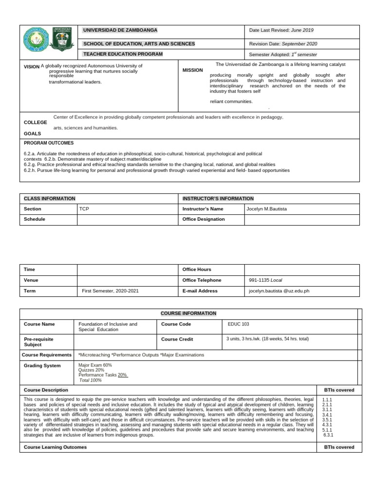 Inclusive Education... Syllabus | PDF | Learning | Inclusion (Education)