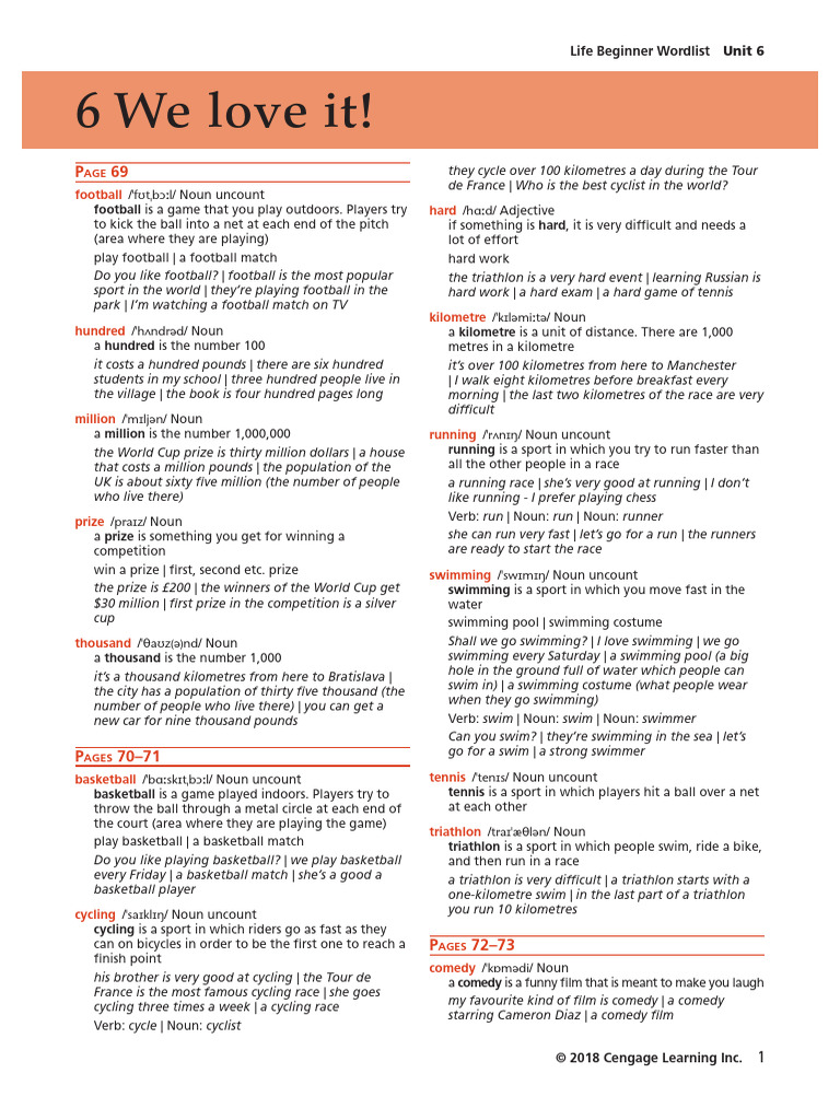 Life Beginner Wordlist Alphabetised Unit 6 | PDF | Meal | Lunch