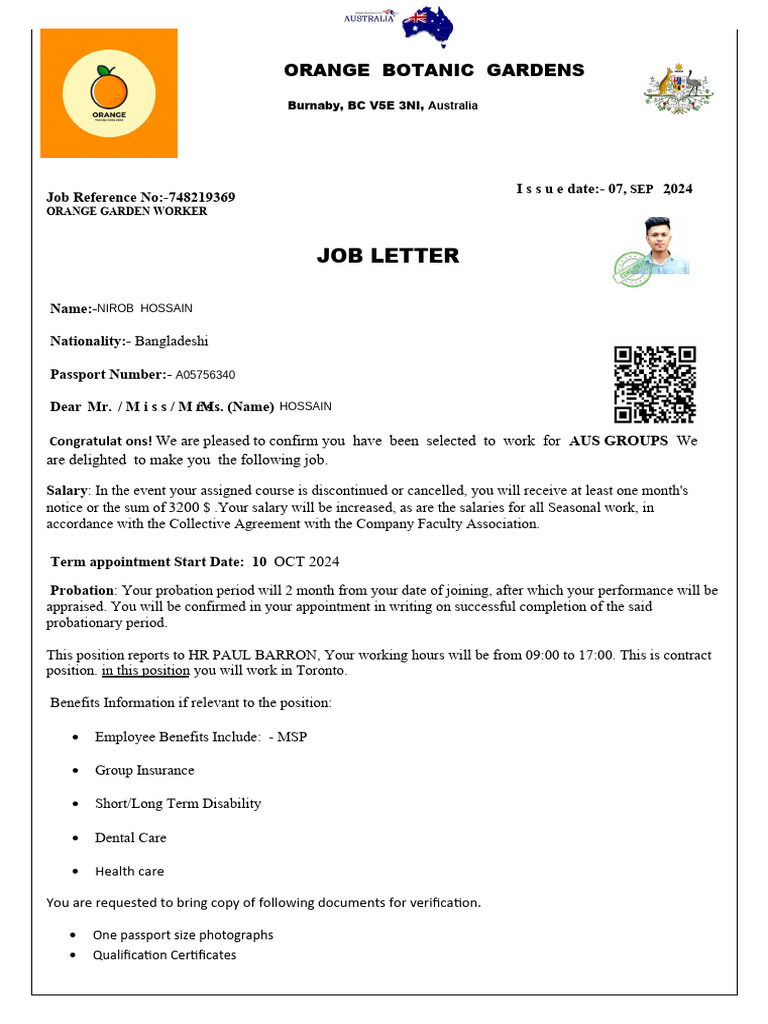 Australia Job Offer Confirmation Letter | PDF | Employment | Business